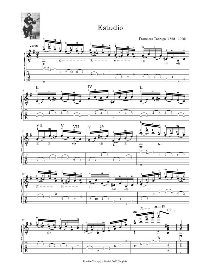 Estudio - Tárrega, Francisco (1852 - 1909) - Tablature Sheet Music and ...