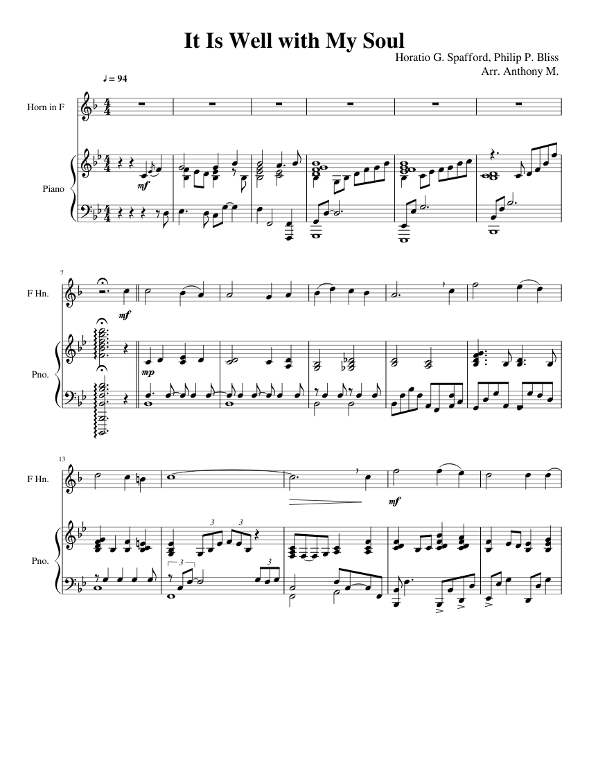 It is Well with My Soul Sheet Music for Piano, French horn (Mixed Duet ...