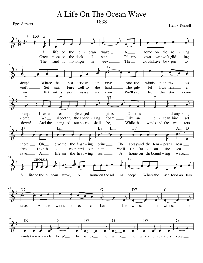 A Life On The Ocean Wave Sheet Music with Chords for Piano (Solo) easy ...