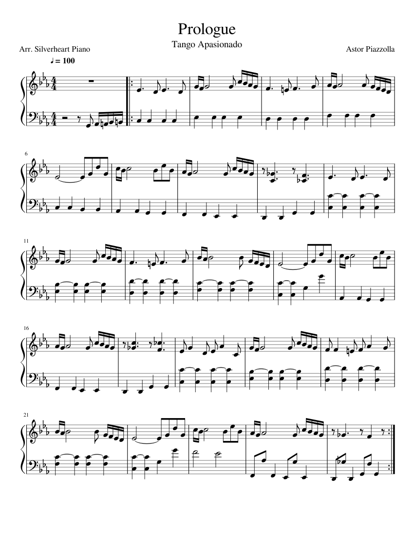 Astor Piazzolla - Prologue (Tango Apasionado) Sheet Music for Piano ...