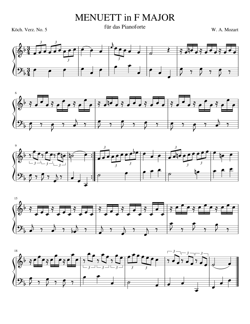 W. A. Mozart, Minuet in F Major, K5. Sheet Music for Piano (Solo) Easy ...