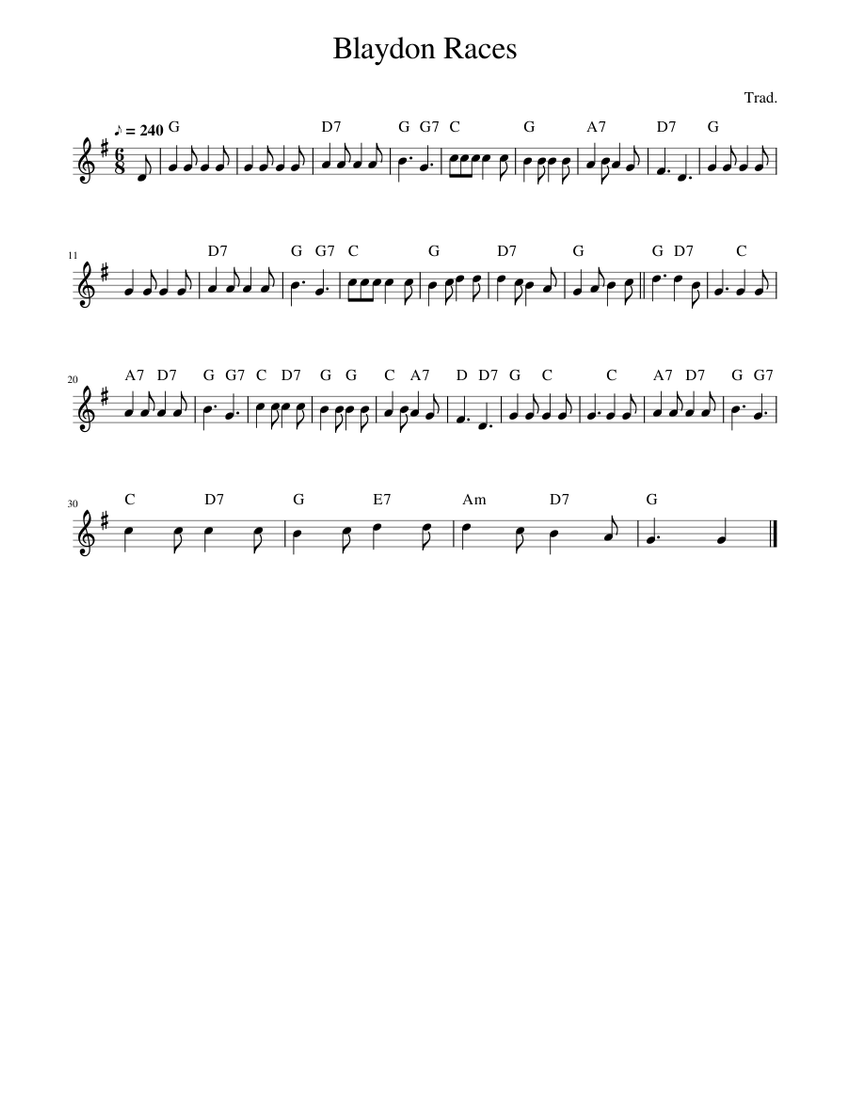 Traditional music - Blaydon Races Sheet Music with Chords for Piano ...