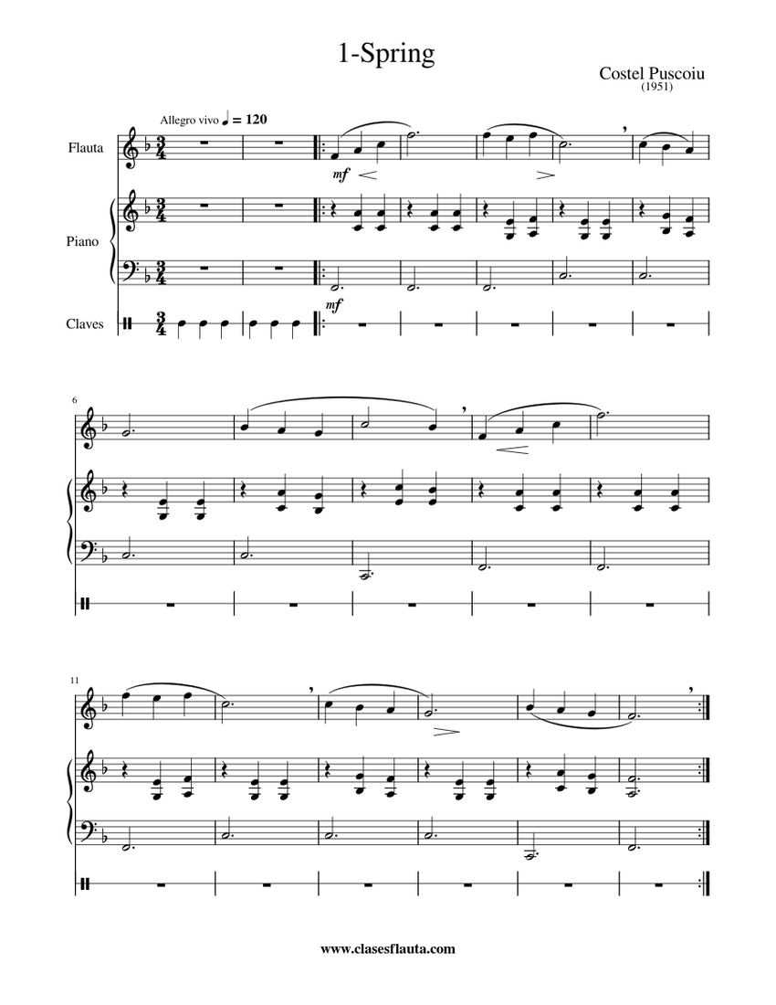 1-Spring-Puscoiu Sheet music for Piano, Flute, Claves (Mixed Duet ...