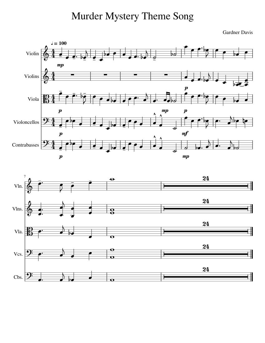 Murder Mystery Theme Song (Orchestral) Sheet Music for Violin, Viola ...