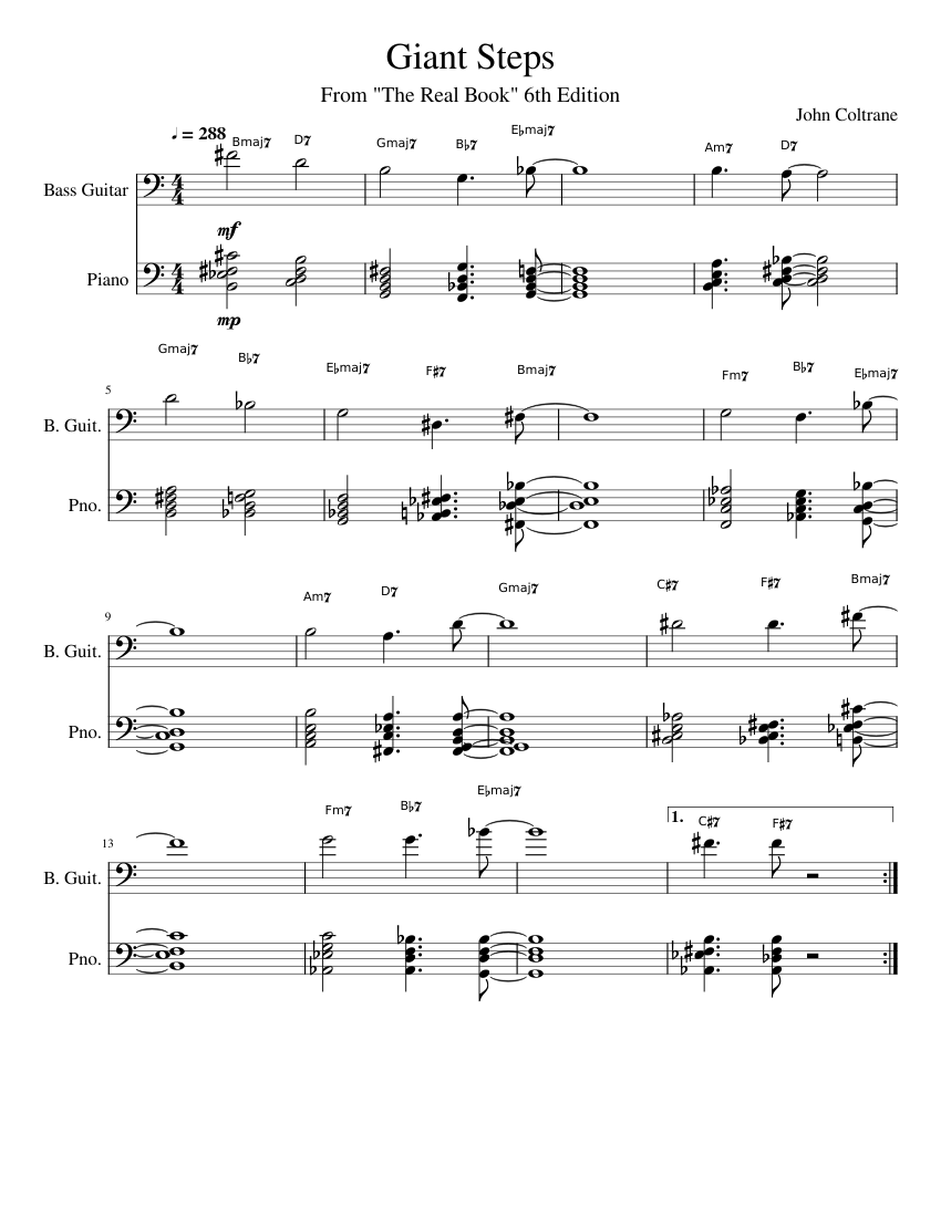 Jazz Standards: Giant Steps Sheet Music for Piano, Bass guitar (Mixed ...