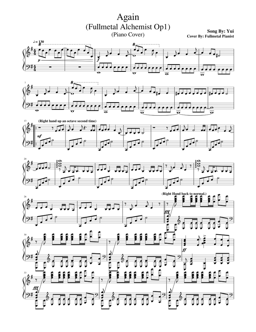 Again (FMA: Brotherhood Op1, Full) by Yui Sheet music for Piano (Solo ...