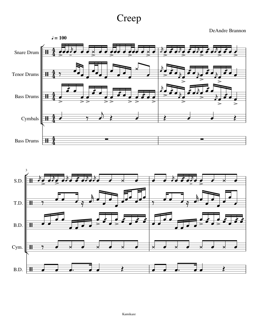 Creep Score Sheet music for Snare drum, Crash, Tenor drum, Bass drum ...