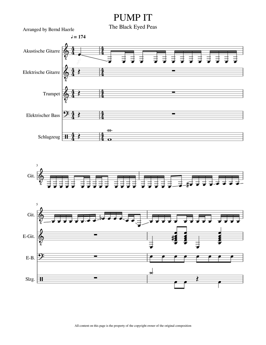 PUMP IT Sheet Music for Guitar, Bass guitar, Drum group (Mixed Ensemble ...