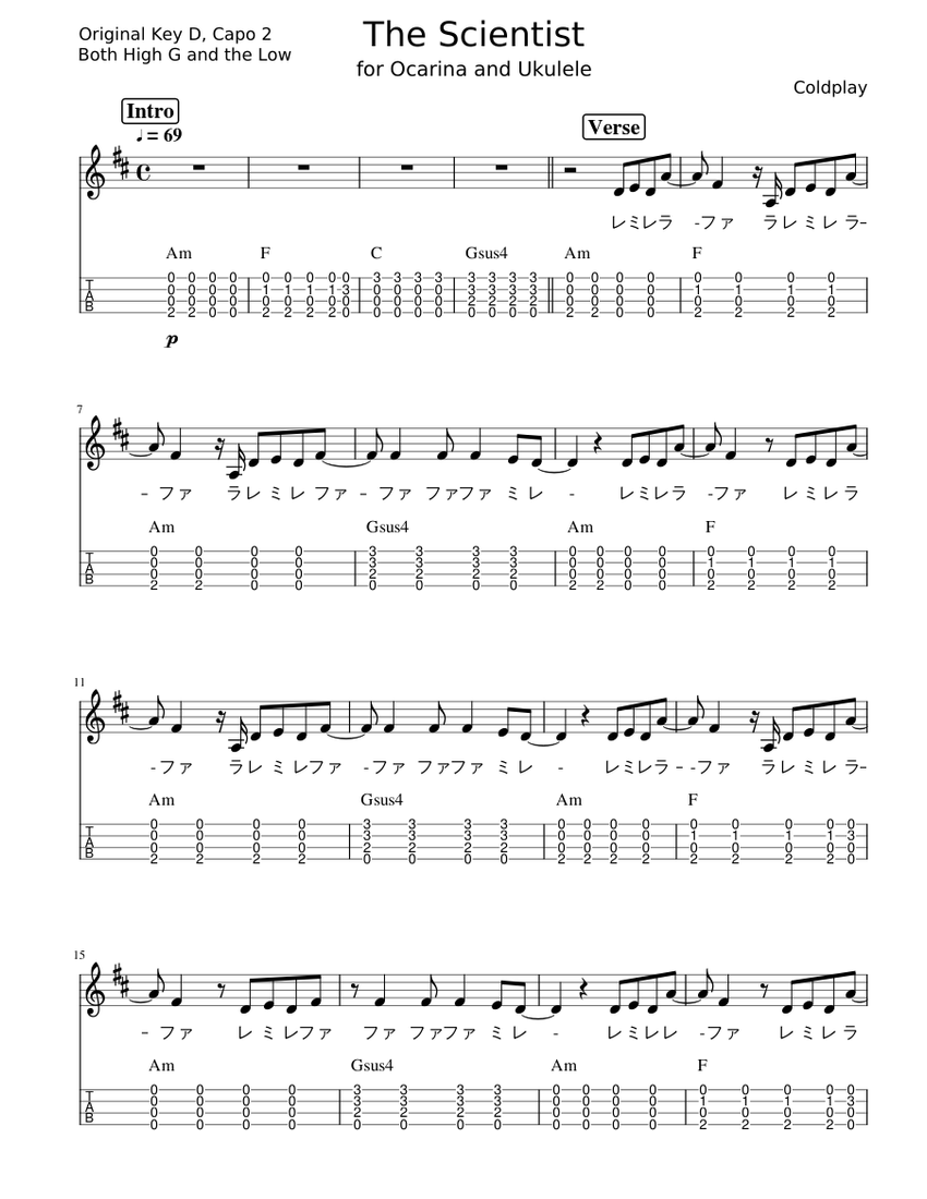 The Scientist by Coldplay for duet, Ocarina and Ukulele Sheet music for ...