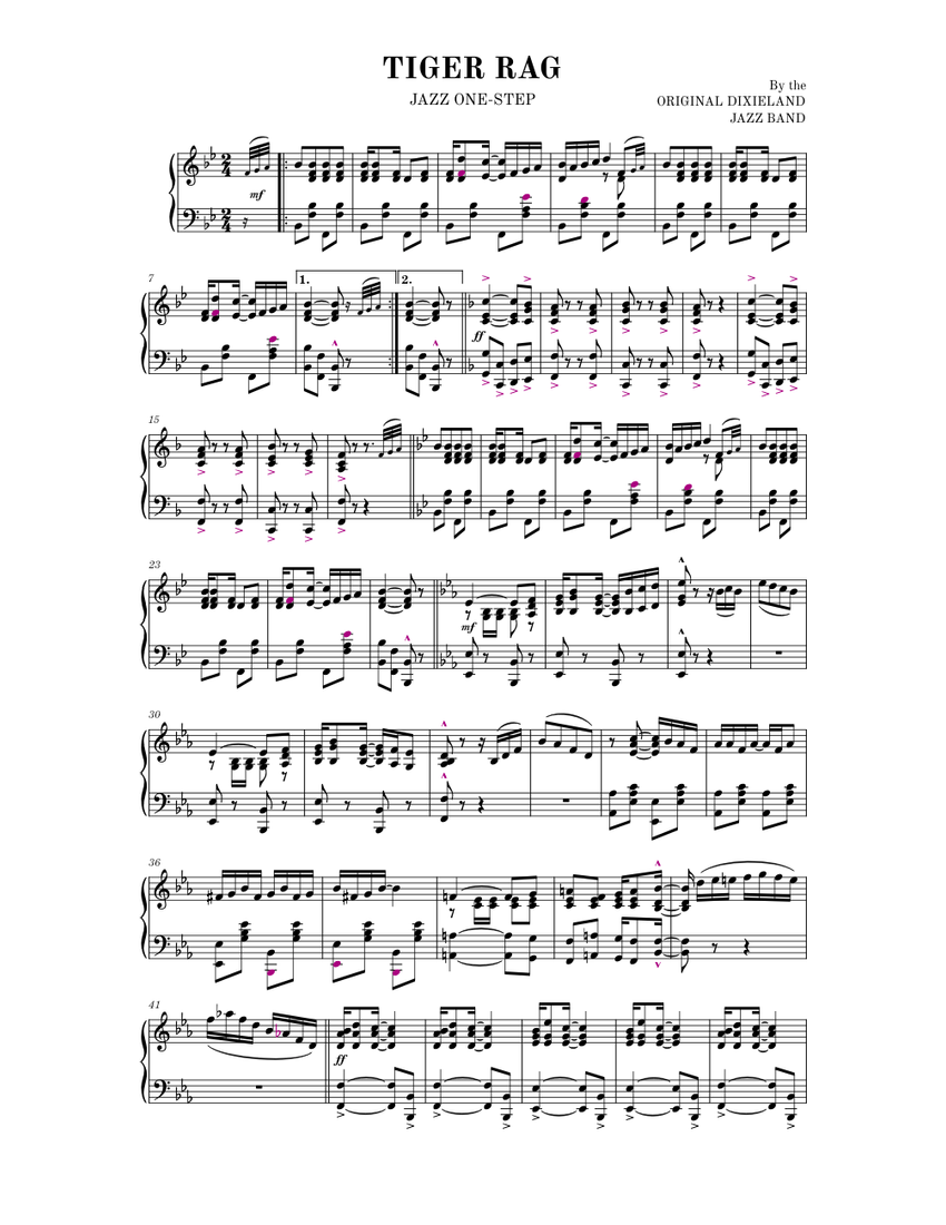 Tiger Rag – Original Dixieland Jazz Band (1917) Sheet Music for Piano ...