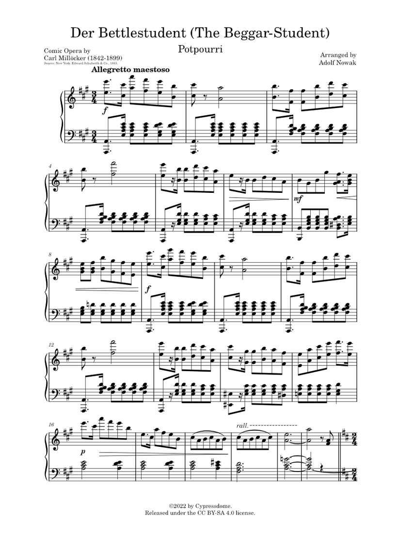 Der Bettelstudent – Carl Millöcker - Potpourri by Adolf Nowak Sheet music for Piano (Solo ...