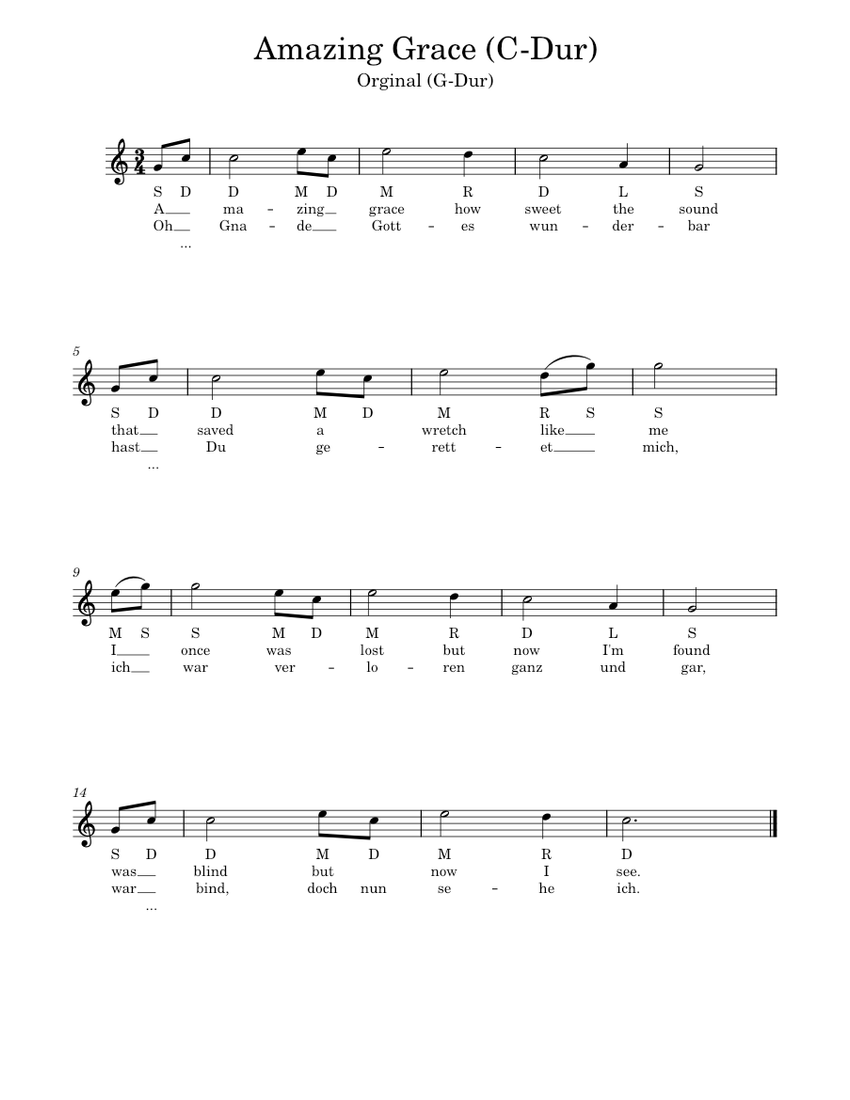 Amazing Grace in C Sheet Music for Vocals (Solo) | MuseScore.com