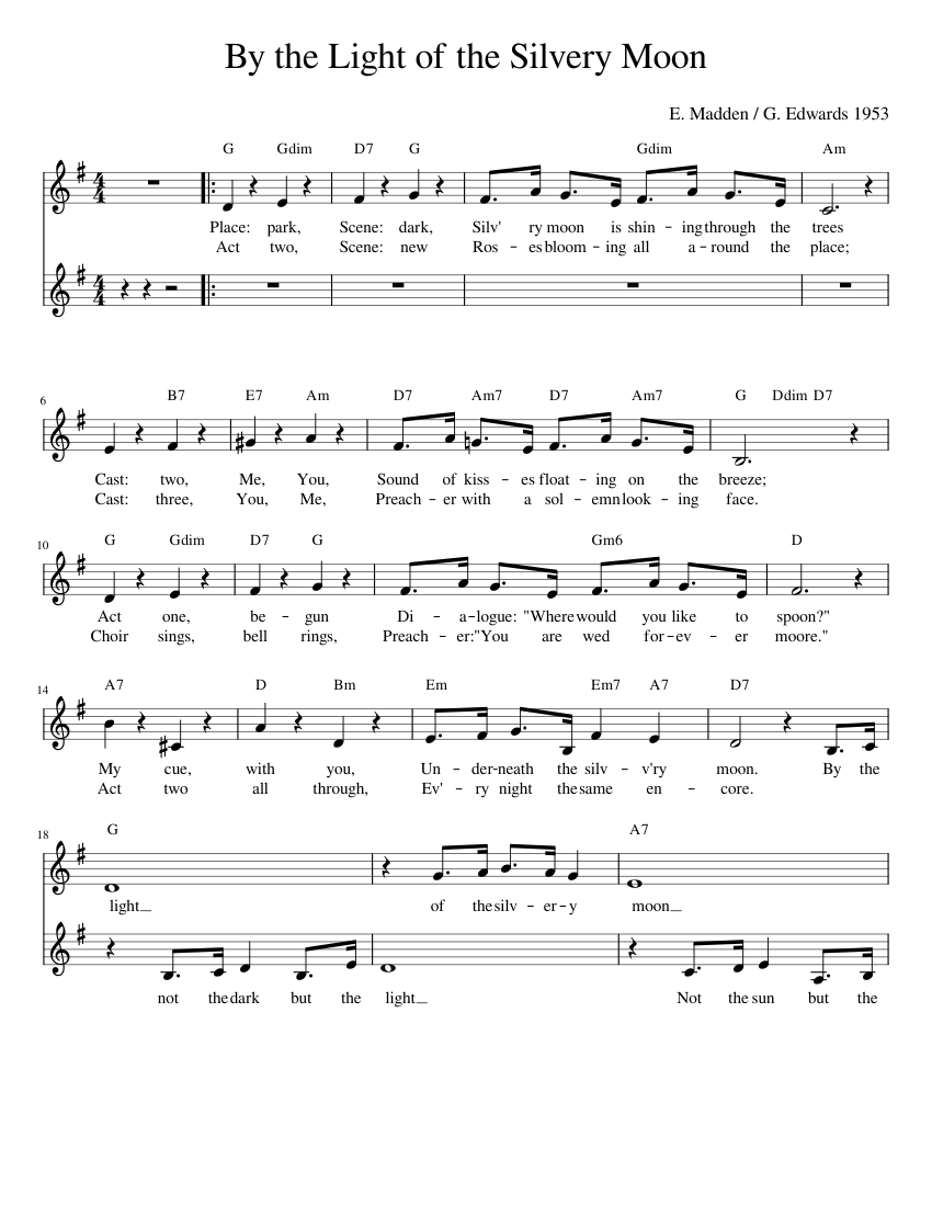 By the light of the silvery moon SA Sheet Music with Chords for Piano ...