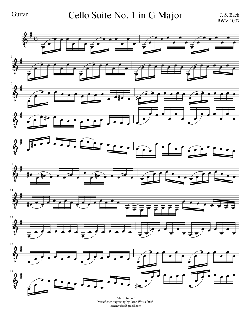 Bach Cello Suite No. 1 in G Major For Guitar Sheet Music for Guitar ...