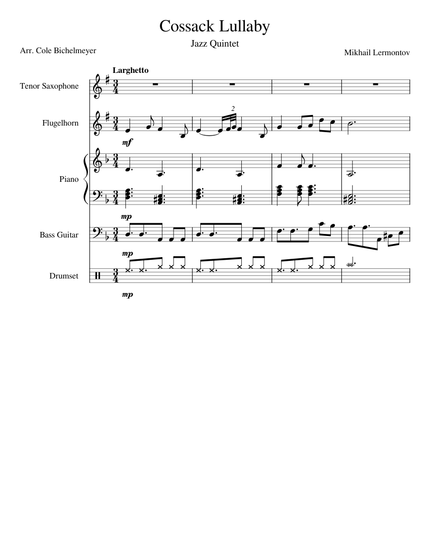 Cossack Lullaby Sheet Music with Chords for Piano, Flugelhorn ...