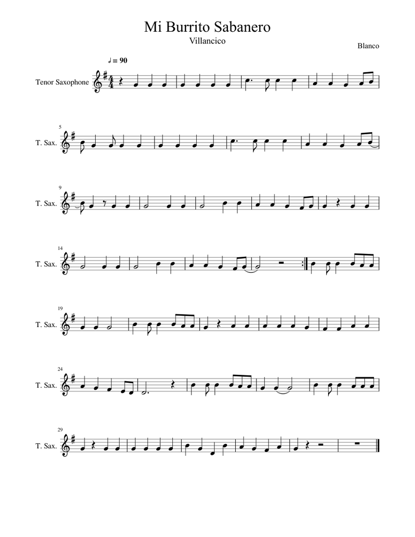 Mi Burrito Sabanero Sheet music for Saxophone tenor (Solo) | Musescore.com