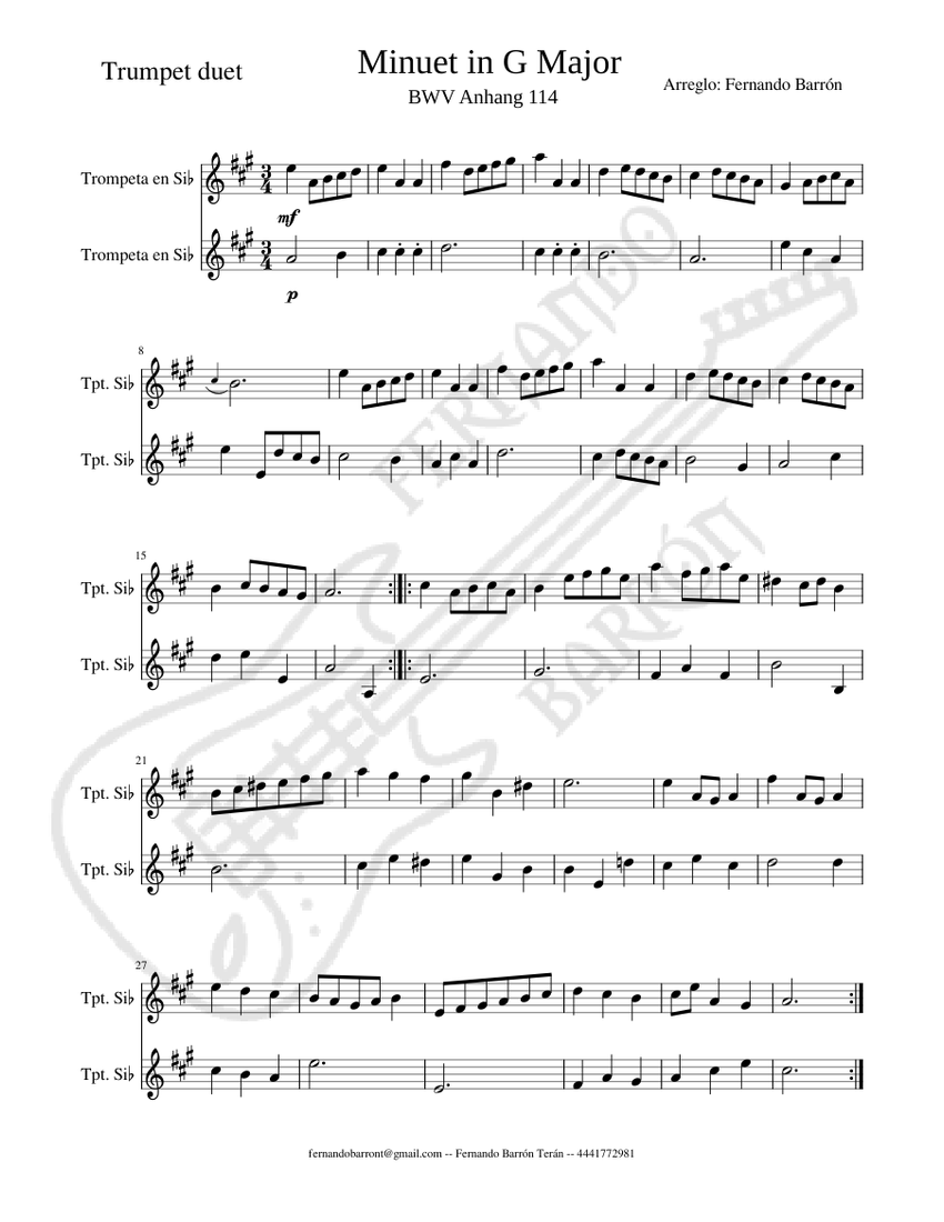 Minuet in G Major BACH trumpet duet Sheet Music for Trumpet in b-flat (Brass Duet) | MuseScore.com