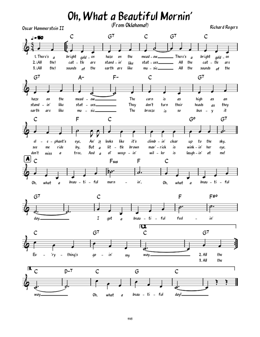 Oh, What a Beautiful Mornin' (lead sheet with lyrics) Sheet Music with ...
