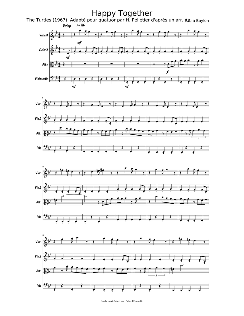 Happy Together Sheet music for Violin, Viola, Cello (String Quartet ...