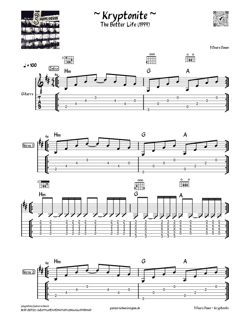 Kryptonite – 3 Doors Down Sheet Music and Tab with Chords for Guitar ...