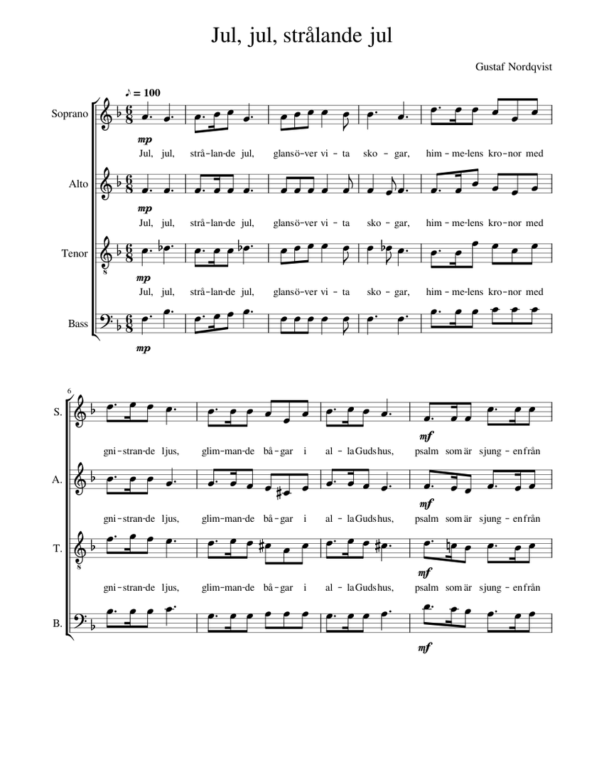 Jul, jul, strålande jul Sheet music for Soprano, Alto, Tenor, Bass ...