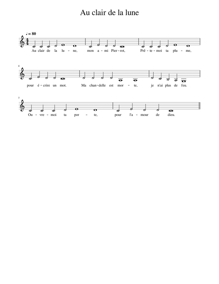 Au clair de la lune Sheet Music for Piano (Solo) Easy | MuseScore.com