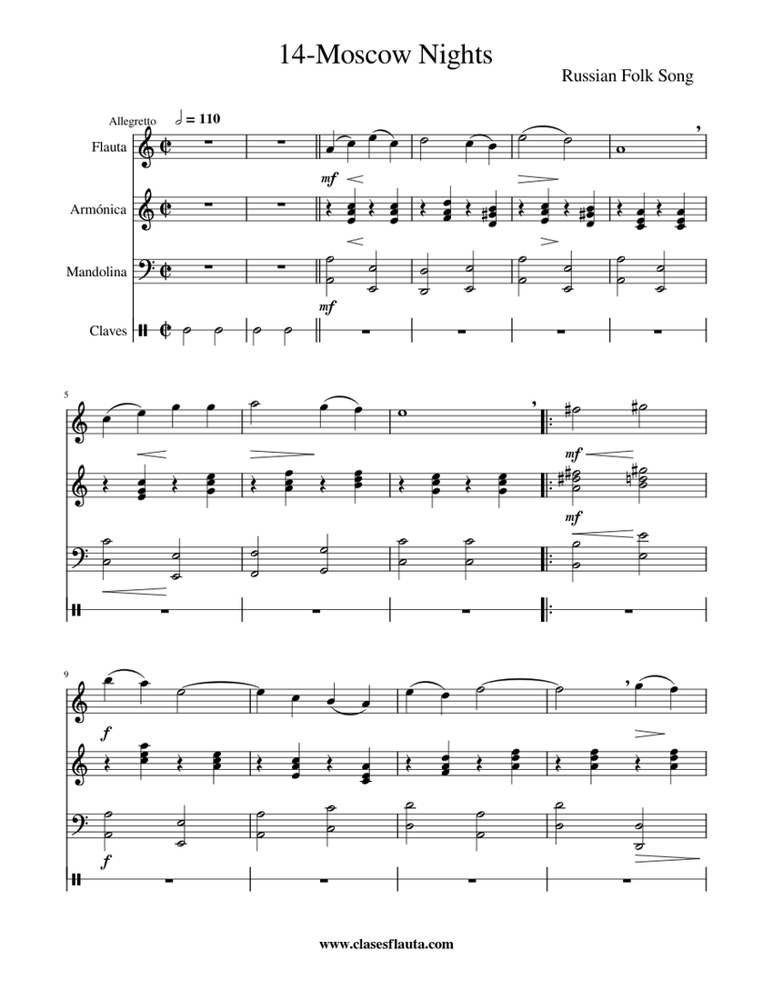 14-Moscow Nights-Russian folk song Sheet music for Piano, Flute, Claves ...