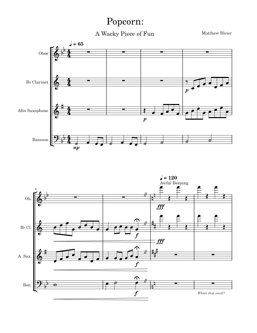 Popcorn Sheet music for Oboe, Clarinet in b-flat, Bassoon, Saxophone ...