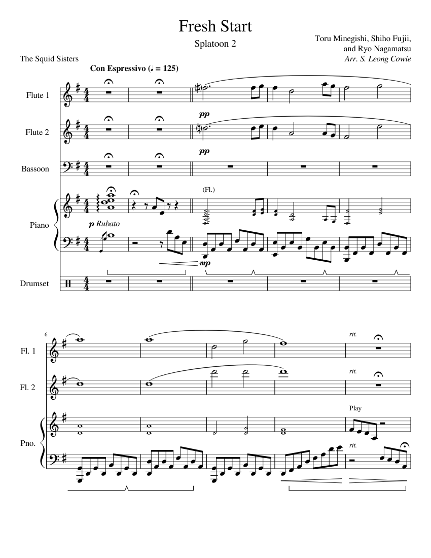 Fresh Start - Splatoon 2 Sheet Music for Piano, Flute, Bassoon, Drum ...