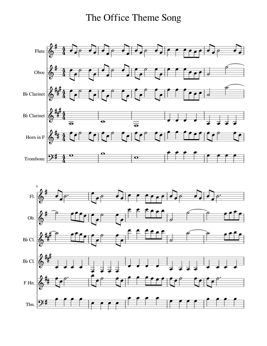 The Office Theme Song Sheet music for Trombone, Flute, Oboe, Clarinet ...
