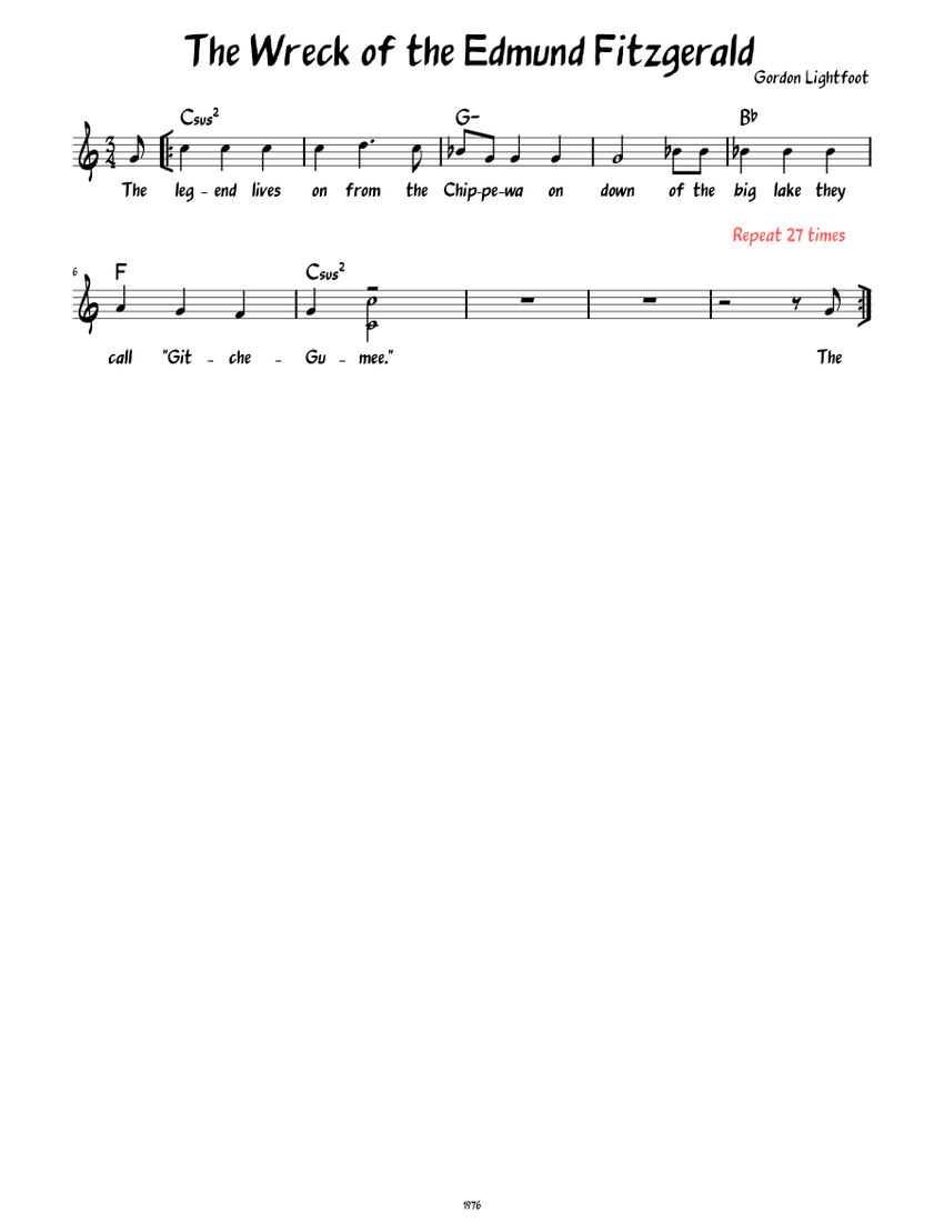 The Wreck of the Edmund Fitzgerald (lead sheet with lyrics) Sheet music ...