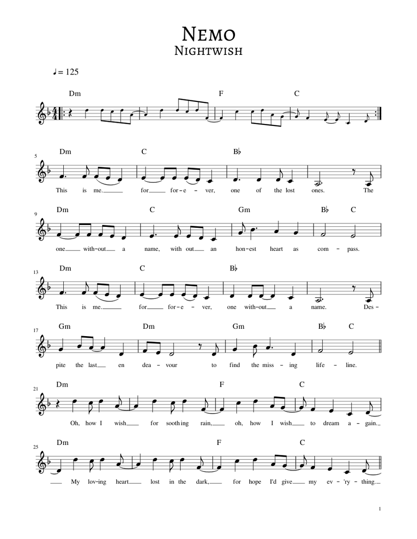 Nemo – Nightwish Sheet Music with Chords for Piano (Solo) easy ...
