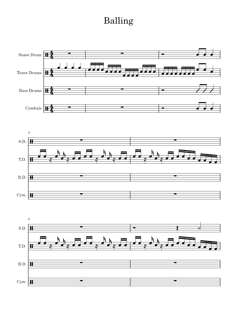 Balling Sheet music for Snare drum, Crash, Tenor drum, Bass drum ...