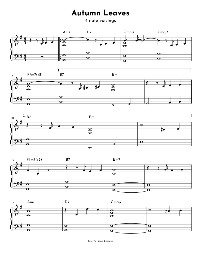 Autumn Leaves (4-note) Sheet Music with Chords for Piano (Solo) easy ...