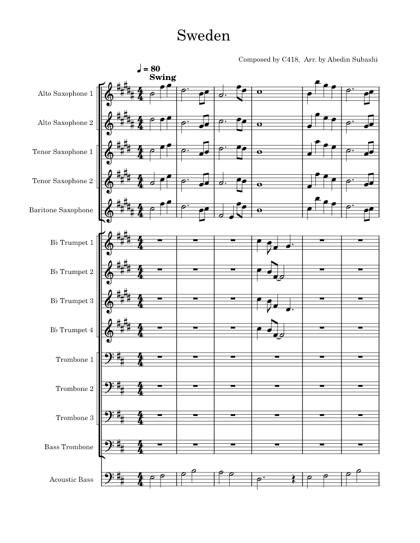 Sweden – C418 Sheet Music for Trombone, Trombone bass, Saxophone alto ...