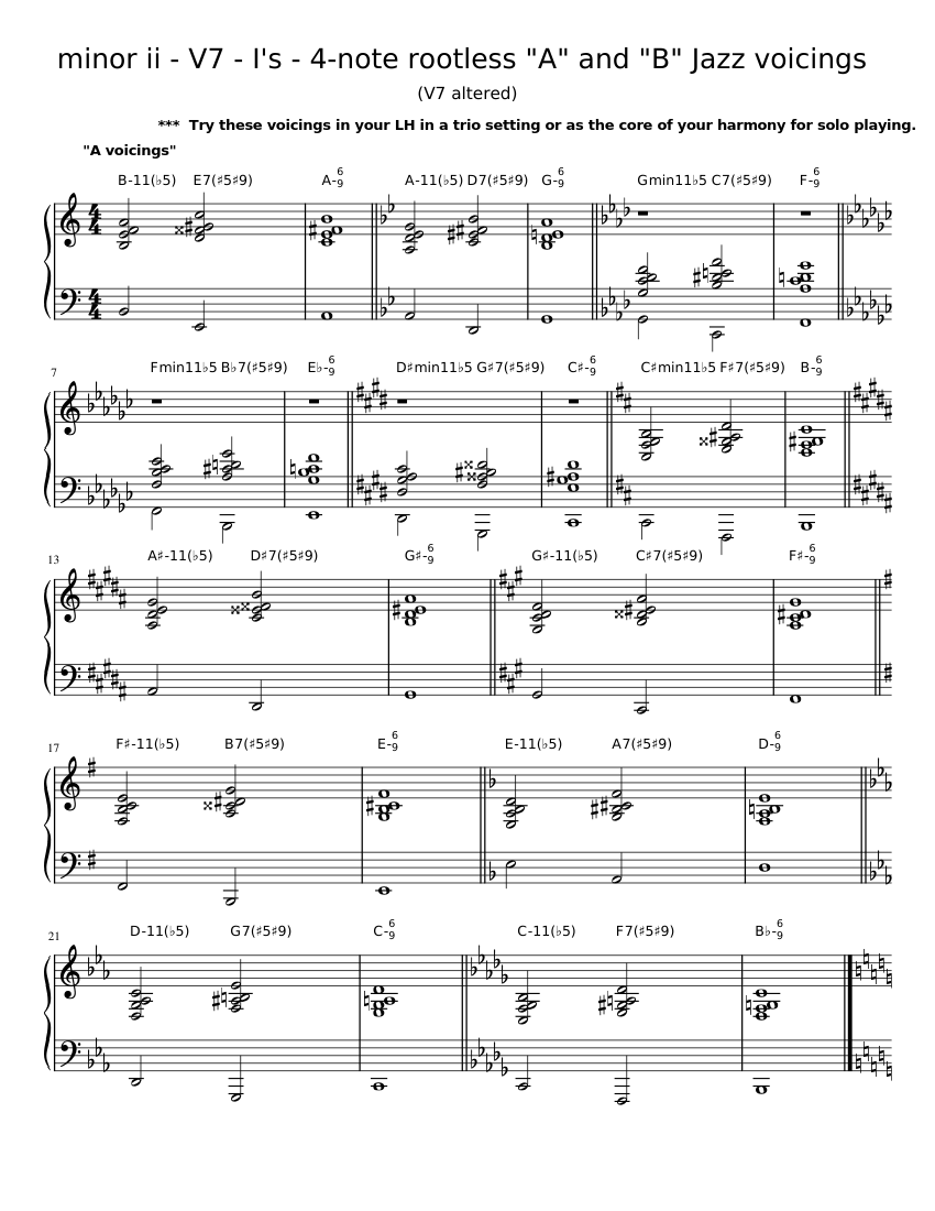 4-note rootless A and B Jazz voicings - minor ii - V7 - I's Sheet Music ...
