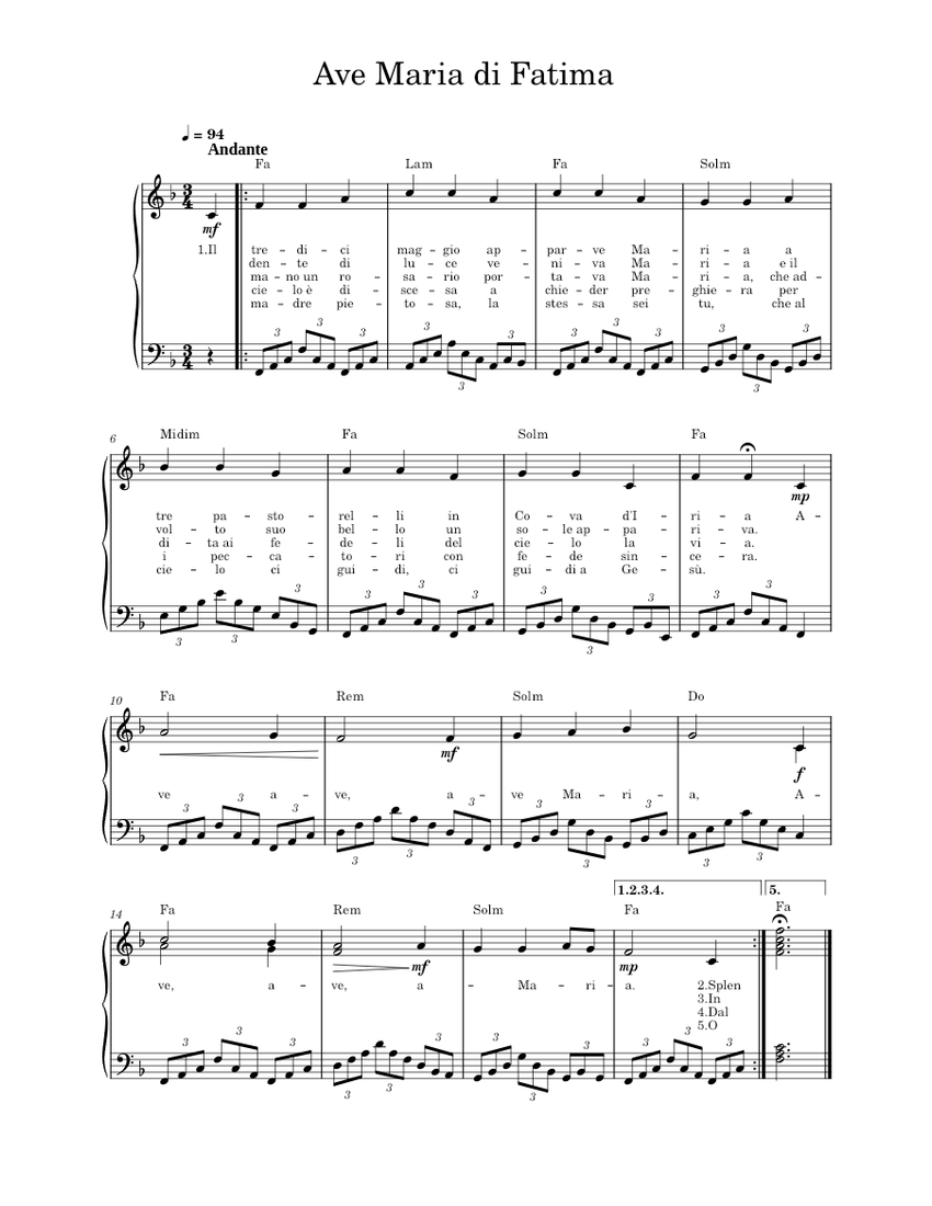 Ave Maria di Fatima Sheet music for Piano (Solo) | Musescore.com