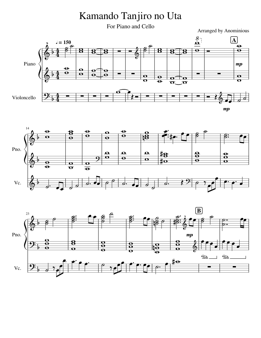 Kamado Tanjiro no Uta For Piano and Cello Sheet Music for Piano, Cello (Solo) | MuseScore.com