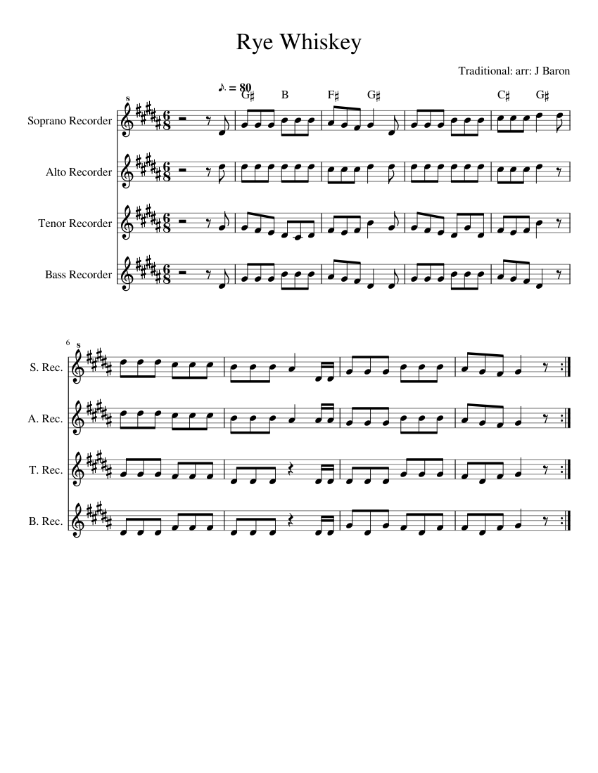 Rye Whiskey Sheet Music for Recorder (Mixed Quartet) | MuseScore.com