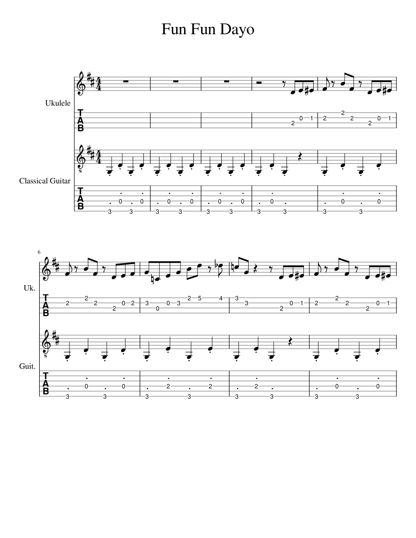 Fun fun dayo duet Sheet Music for Guitar, Ukulele (Mixed Duet ...