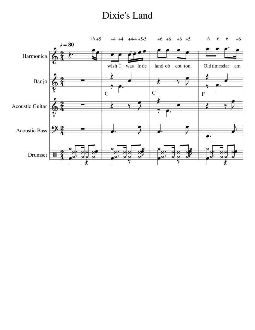 Dixie's Land Sheet Music for Guitar, Bass guitar, Drum group, Harmonica ...