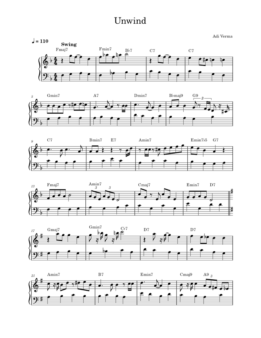 Unwind Sheet music for Piano, Bass guitar (Jazz Band) | Musescore.com