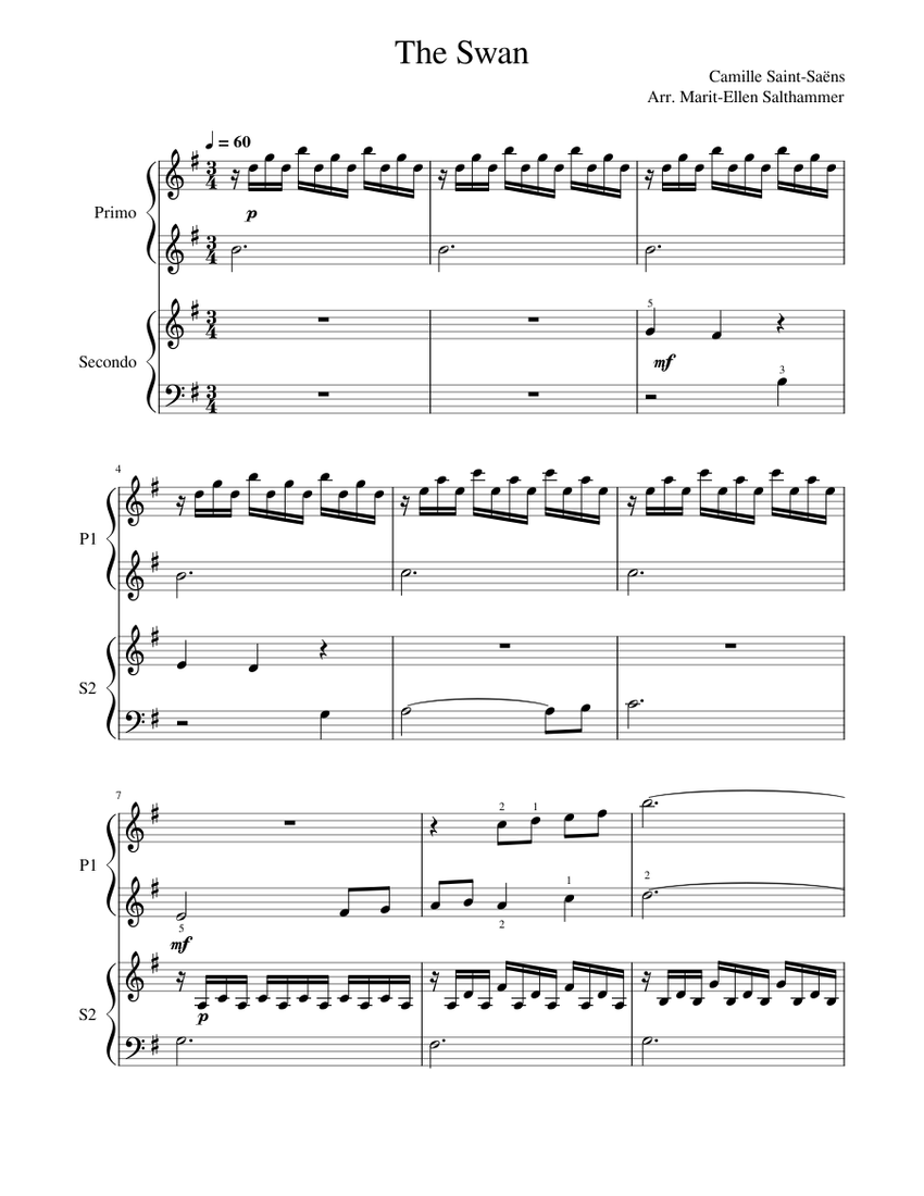 The swan carnival of the animals – Camille Saint-Saëns Sheet Music for Piano (Piano Four Hand ...