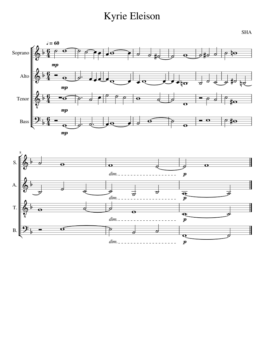 Kyrie Eleison Sheet Music for Soprano, Alto, Tenor, Bass voice (Choral ...