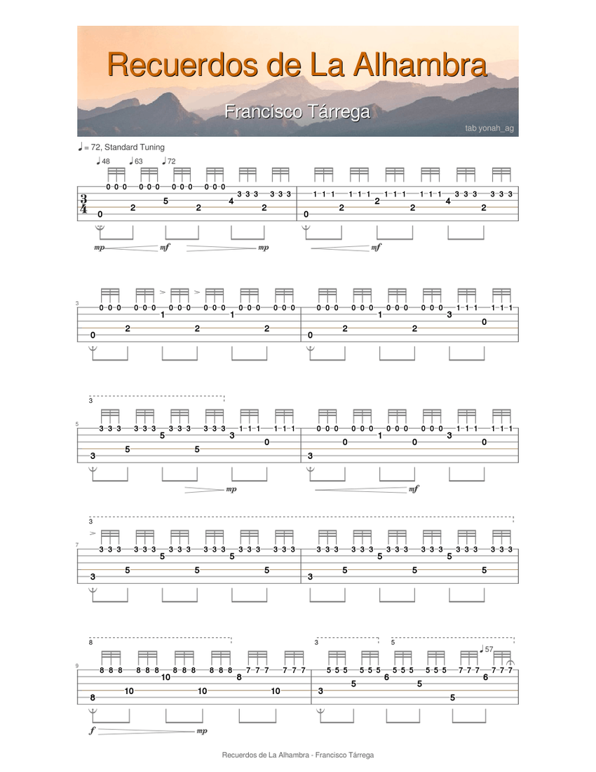Recuerdos de la Alhambra - Francisco Tárrega - Guitar Tab Sheet music ...