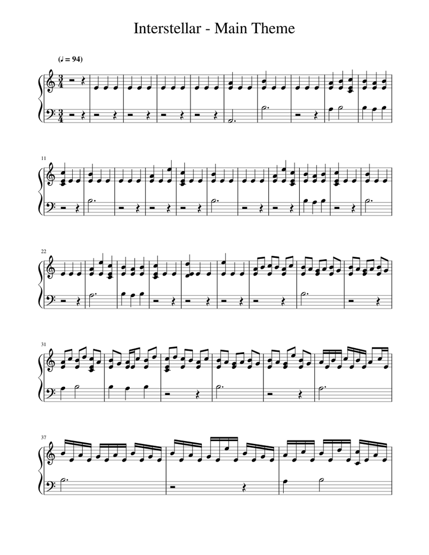 Interstellar - Main Theme Sheet Music for Piano (Solo) | MuseScore.com