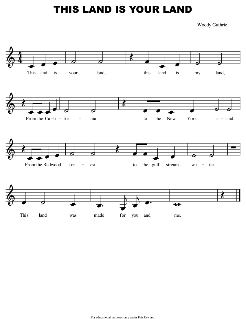 THIS LAND IS YOUR LAND in C Sheet Music for Piano (Solo) easy ...