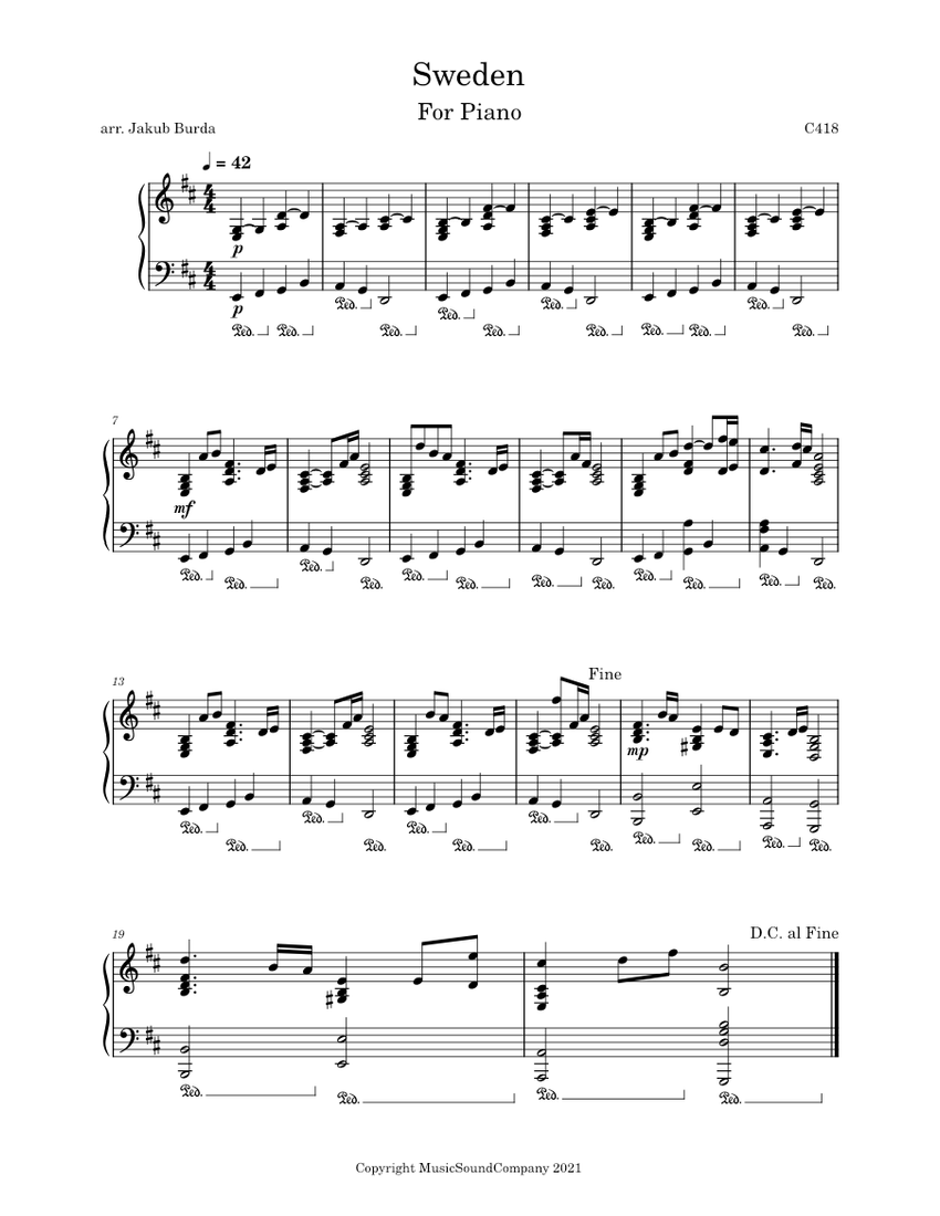 Sweden - C418 arr. Jakub Burda Sheet Music for Piano (Solo) Easy ...