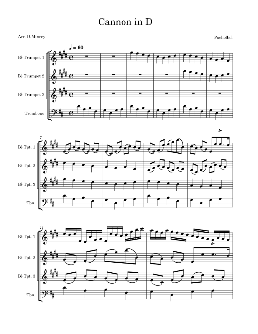 Cannon in D – Johann Pachelbel Brass Quartet Sheet Music for Trombone ...