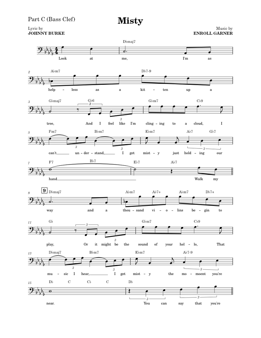 Misty – Erroll Garner Misty Part C Bass clef Sheet Music with Chords ...